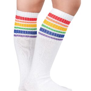 Cosy Encounter Kids Toddler Stripes Knee High Socks Cotton Sports Soccer Uniform Tube Stockings for Boys Girls 1 Pair White Rainbow One Size (WDCEAS4190S101PSN)