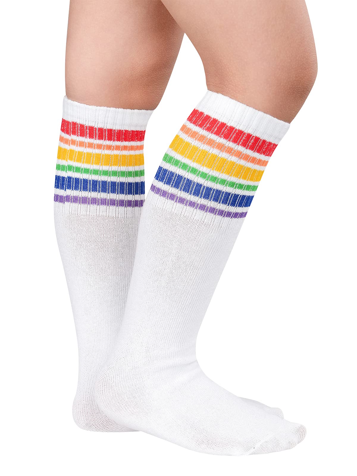 Cosy Encounter Kids Toddler Stripes Knee High Socks Cotton Sports Soccer Uniform Tube Stockings for Boys Girls 1 Pair White Rainbow One Size (WDCEAS4190S101PSN)