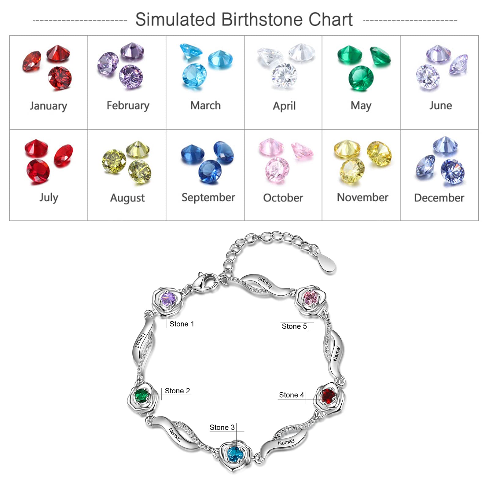 Wamantic Personalized Simulated Birthstone Bracelets Adjustable Rose Flower Chain Charm Bracelet with 5 Name Initial Engraved for Women Mom Christmas Gifts (Silver, 5 Name & 5 Stone)