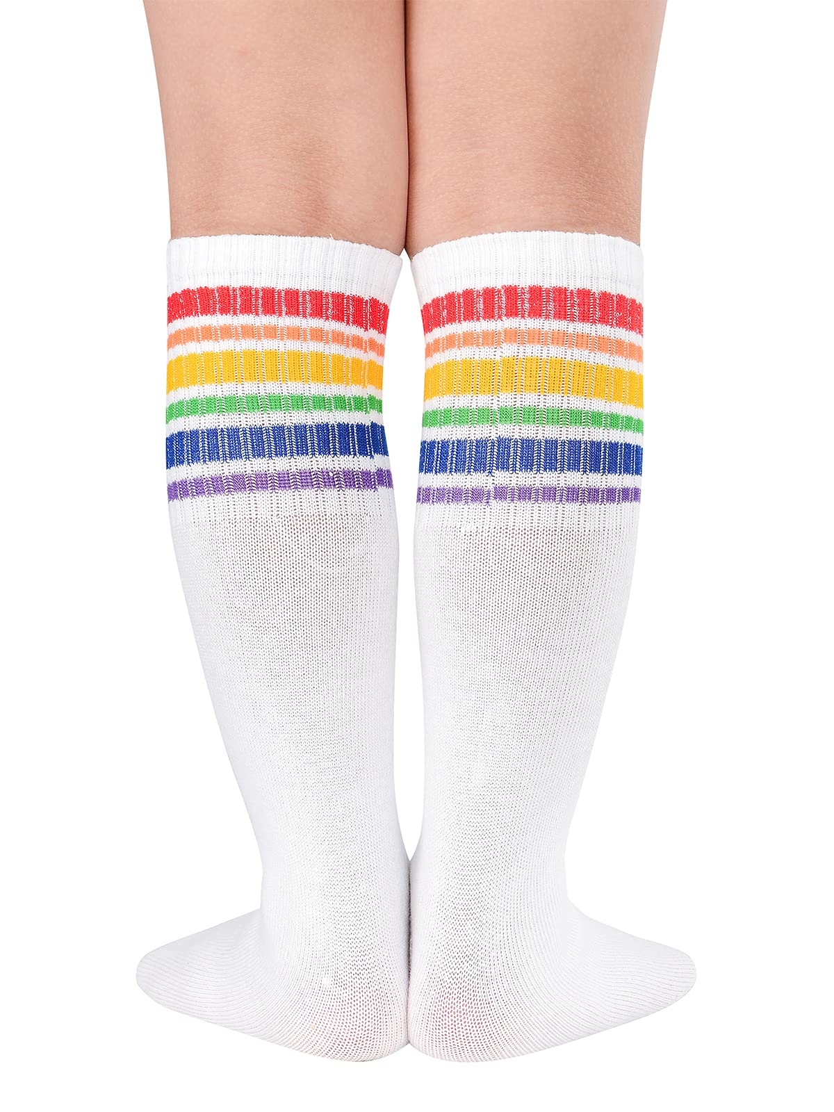 Cosy Encounter Kids Toddler Stripes Knee High Socks Cotton Sports Soccer Uniform Tube Stockings for Boys Girls 1 Pair White Rainbow One Size (WDCEAS4190S101PSN)