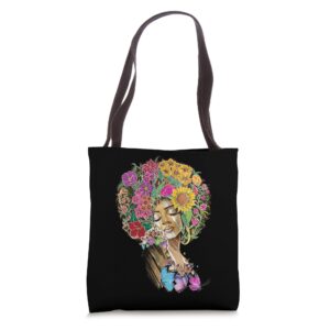 afro women flowers butterfly latina african american melanin tote bag