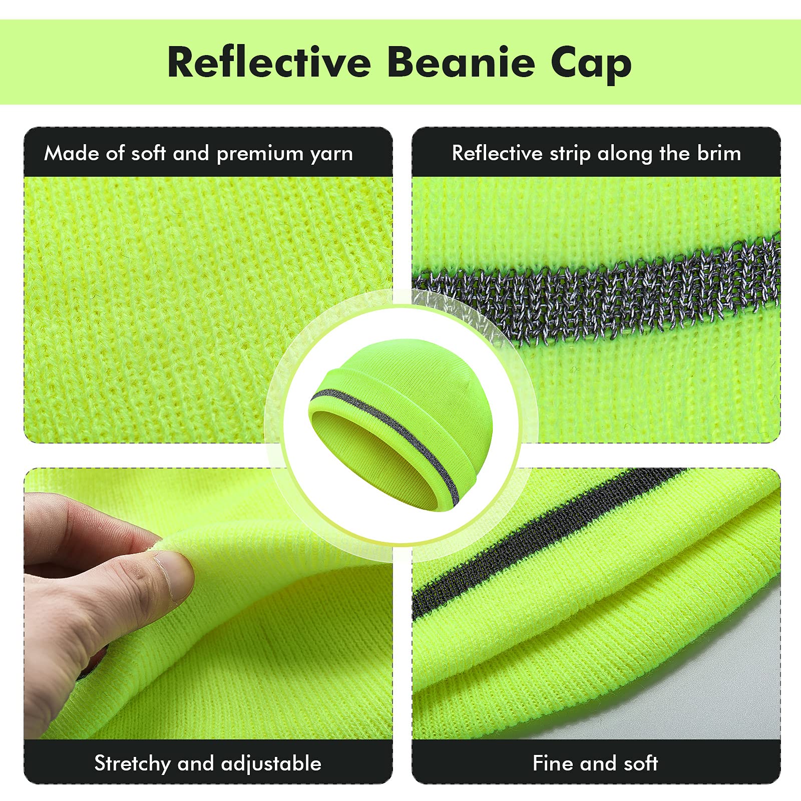 Reflective Knit Hat Safety Beanies Adult High Visibility Beanie Neon Winter Knit Caps with Reflective Stripe (Black, Orange, Fluorescent Yellow)