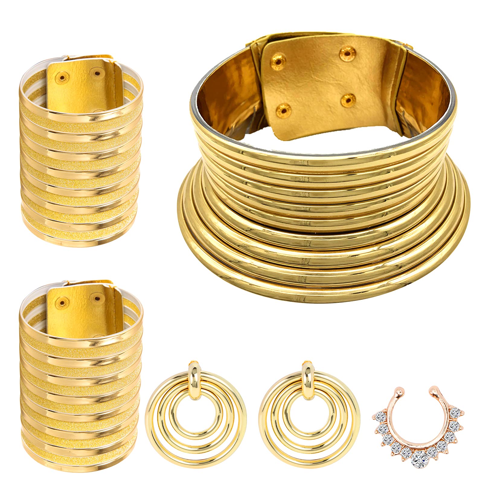 Beupy 6 Pieces Gold African National Tribal Costume Accessories Set Long Neck Collar Necklaces Metal Bracelet Gothic Chunky Nose Hoop Chain Swirl Earrings African Jewelry Set for Women