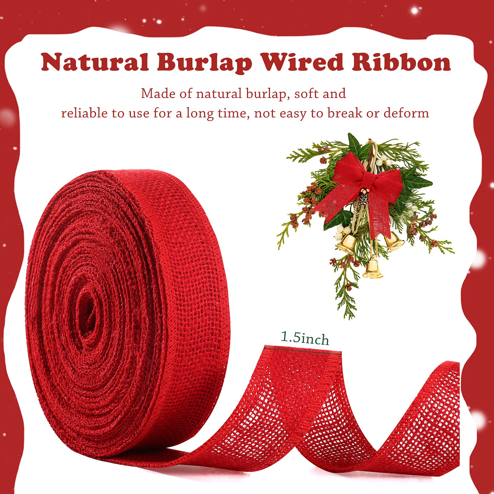 Waydress Natural Burlap Ribbon Burlap Edge Ribbon Fabric Craft Ribbon for Bow Wreath Tree DIY Decor Outdoor Wedding Home Christmas Party Decoration(1.5 Inch x 20 Yard,Red)