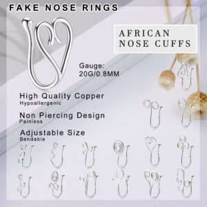 VALDEAS 16 Pcs African Nose Cuff Non Pierced Faux Nose Rings for Women Clip on Nose Cuffs Silver