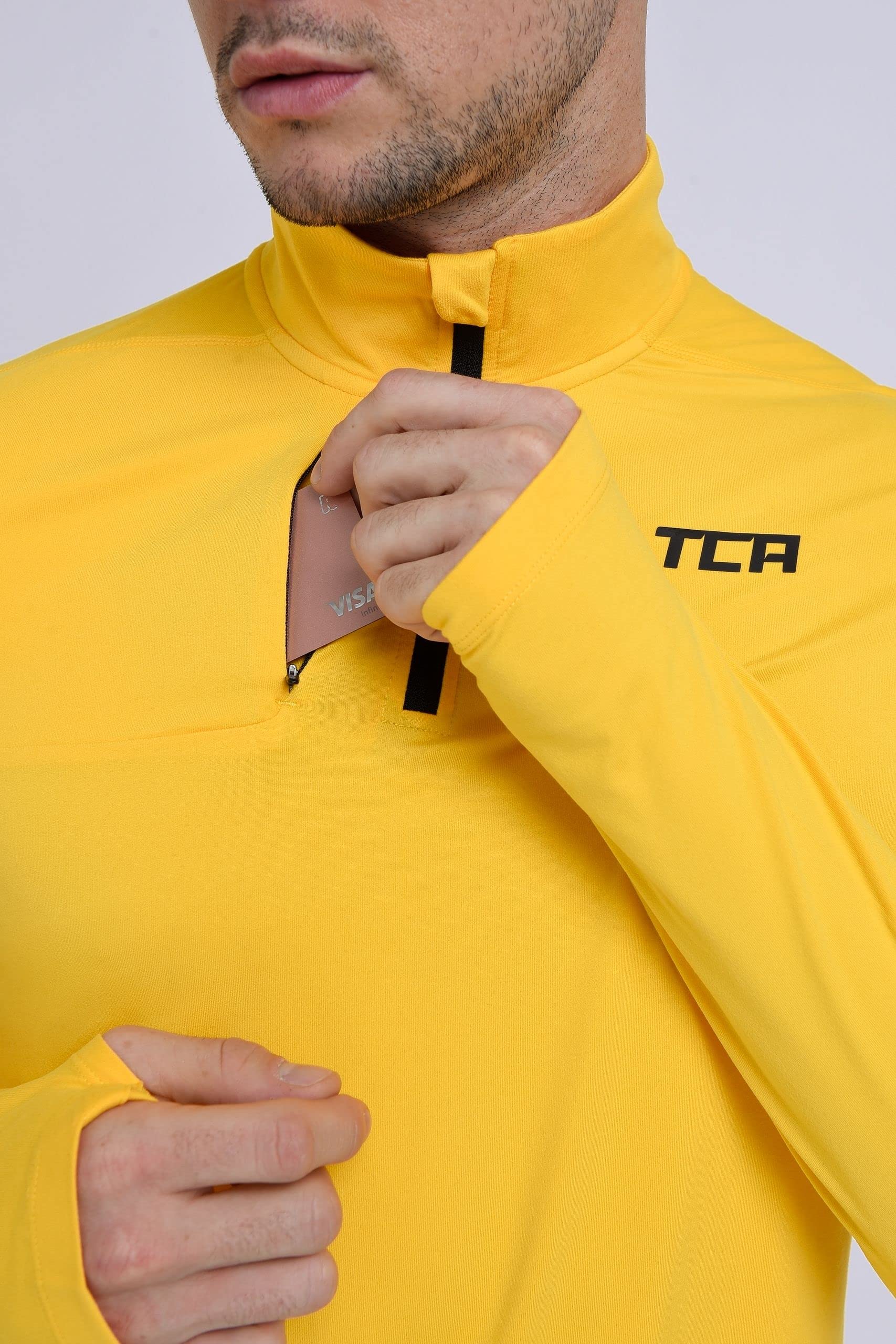 TCA Men's Fusion Pro Quickdry Long Sleeve Half Zip Running Shirt – Athletic Workout Pullover with Pocket & Thumb Holes- Spectra Yellow, Large