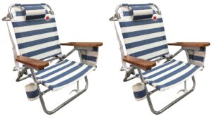 omnicore designs multi-position wood arm beach chair (2-pk) | headrest, media organizer pocket, cup holder, textilene fabric, dual backpack carry straps | outdoor patio and camping chair