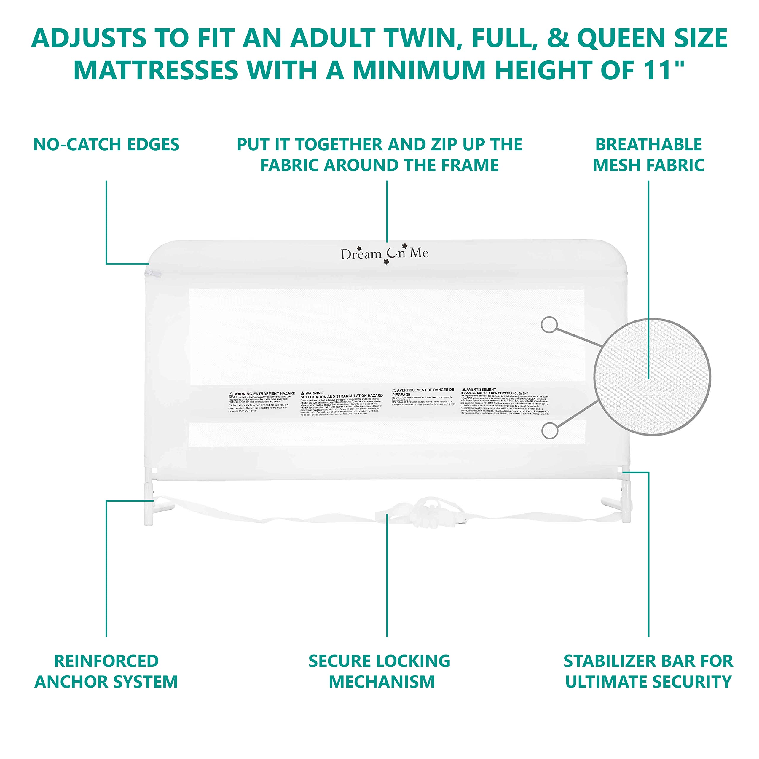 Dream On Me Lilibet Mesh Safety Bed Rail in White for Twin, Full and Queen Size Bed, Bed Rail for Toddler