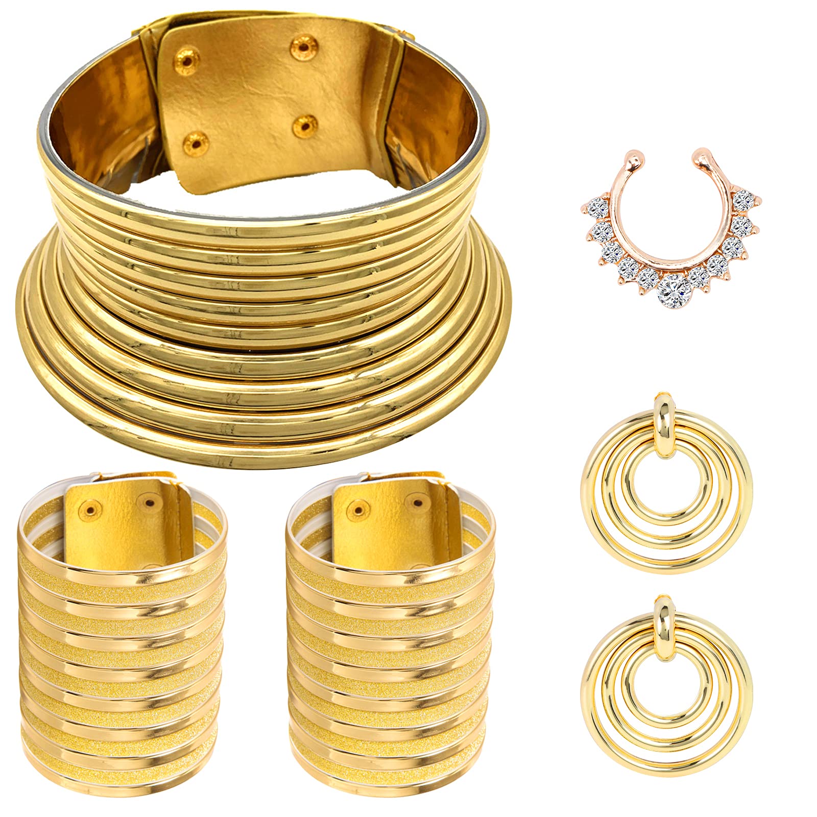 Beupy 6 Pieces Gold African National Tribal Costume Accessories Set Long Neck Collar Necklaces Metal Bracelet Gothic Chunky Nose Hoop Chain Swirl Earrings African Jewelry Set for Women