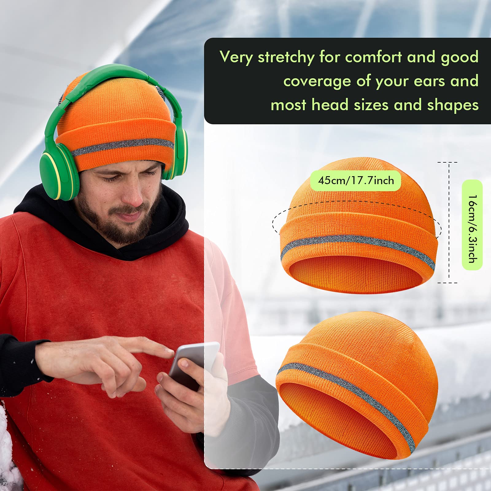 Reflective Knit Hat Safety Beanies Adult High Visibility Beanie Neon Winter Knit Caps with Reflective Stripe (Black, Orange, Fluorescent Yellow)