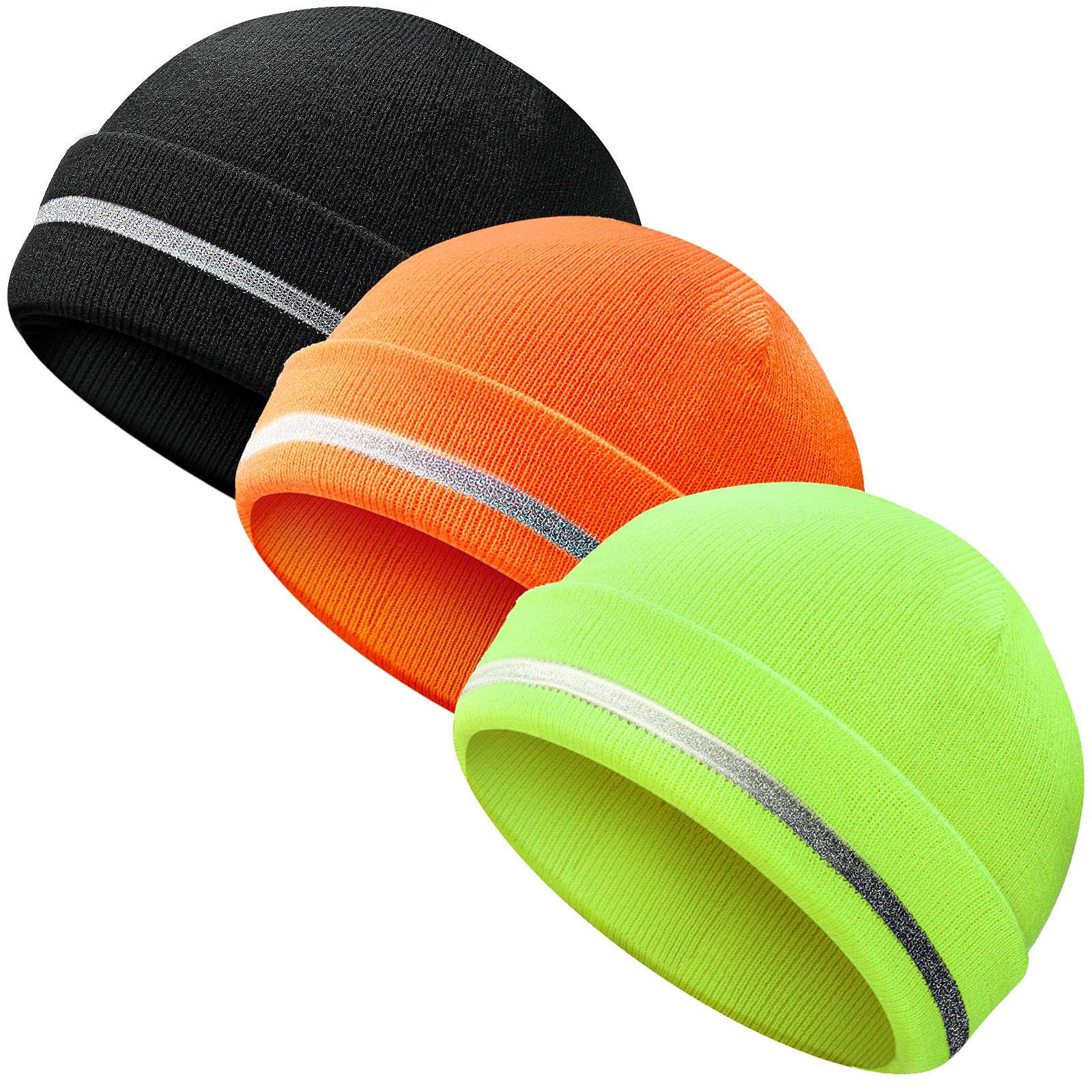 Reflective Knit Hat Safety Beanies Adult High Visibility Beanie Neon Winter Knit Caps with Reflective Stripe (Black, Orange, Fluorescent Yellow)