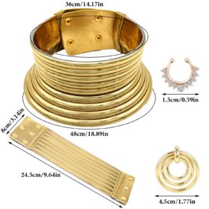 Beupy 6 Pieces Gold African National Tribal Costume Accessories Set Long Neck Collar Necklaces Metal Bracelet Gothic Chunky Nose Hoop Chain Swirl Earrings African Jewelry Set for Women