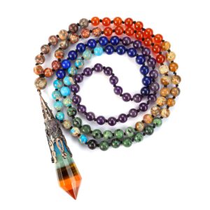 jovivi 108 mala beads bracelet real stones 7 chakra healing crystals necklace with 12 facted prism pointed pendant reiki energy balancing prayer mala beads for meditation