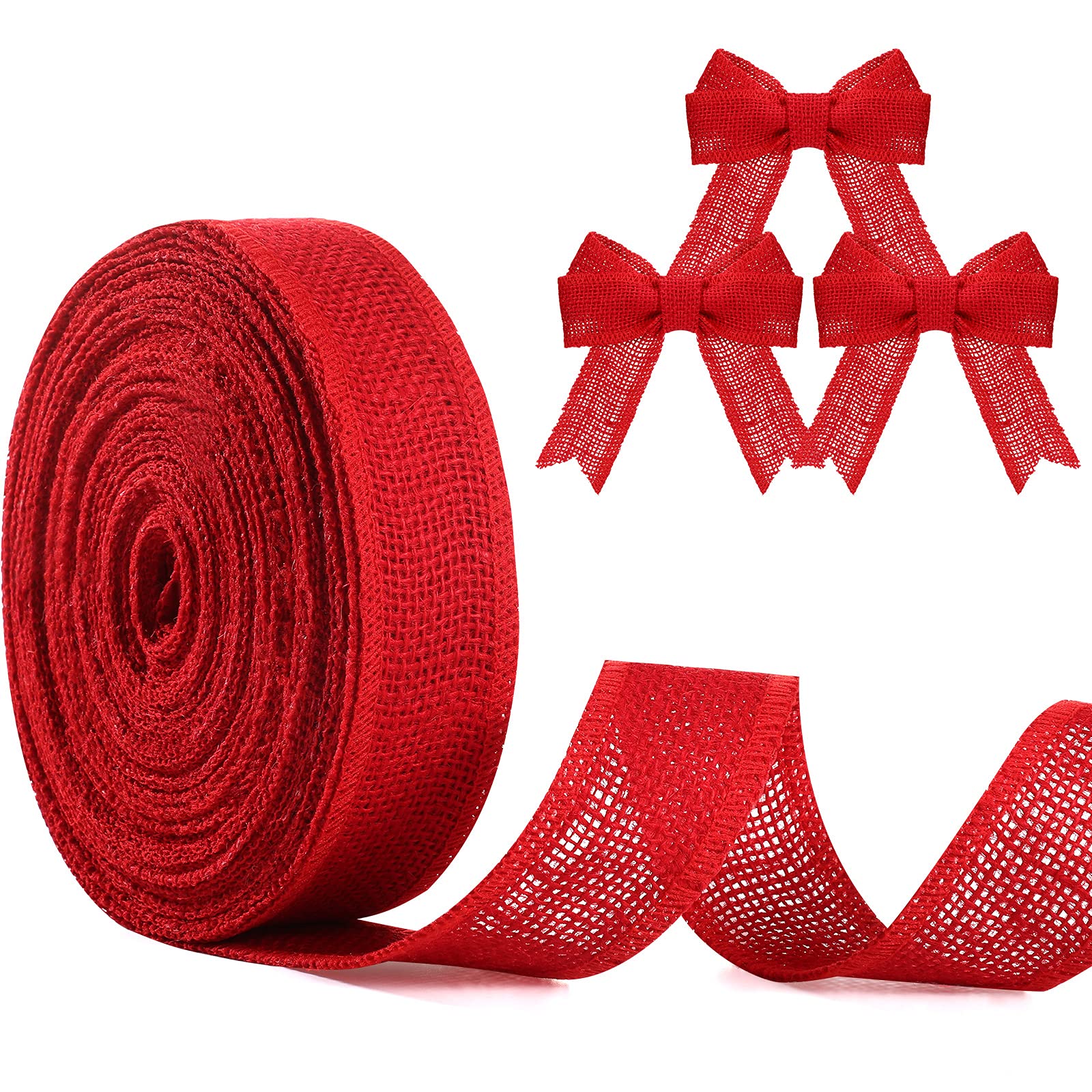 Waydress Natural Burlap Ribbon Burlap Edge Ribbon Fabric Craft Ribbon for Bow Wreath Tree DIY Decor Outdoor Wedding Home Christmas Party Decoration(1.5 Inch x 20 Yard,Red)