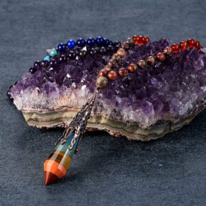 Jovivi 108 Mala Beads Bracelet Real Stones 7 Chakra Healing Crystals Necklace with 12 Facted Prism Pointed Pendant Reiki Energy Balancing Prayer Mala Beads for Meditation