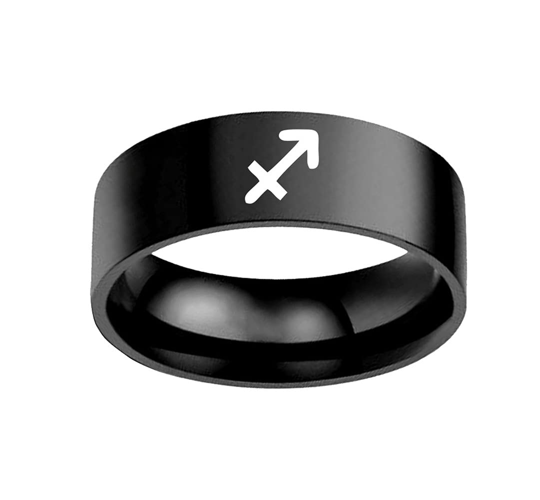 OAKKY Men's Women's Stainless Steel 8mm 12 Constellation Signet Ring Band Black Sagittarius Size 7