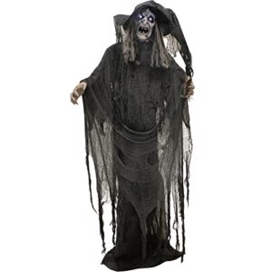 haunted hill farm life-size animatronic scary talking witch with touch activated lights and sound, indoor or covered outdoor creepy halloween decorations for home or haunted house, battery operated