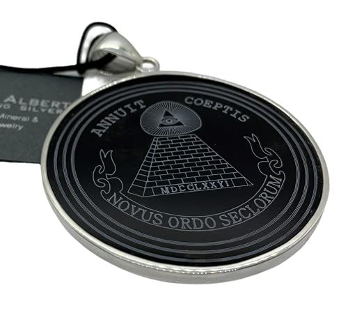 Charles Albert Jewelry .950 Fine Sterling Silver Onyx Medallion Pendant Great Seal of the United States Unfinished Pyramid, and the Eye of Providence