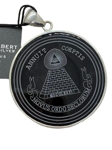 Charles Albert Jewelry .950 Fine Sterling Silver Onyx Medallion Pendant Great Seal of the United States Unfinished Pyramid, and the Eye of Providence