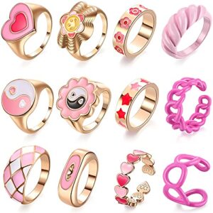 hicarer 12 pcs y2k rings hot pink rings colorful resin acrylic rings chunky rings vintage knuckle rings trendy rings for women