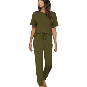 WiWi Viscose from Bamboo Pajamas Set for Women Short Sleeve Loungewear 2 Piece Outfit Long Pants Jogger Sets S-XXL, Dark Army Green, Medium