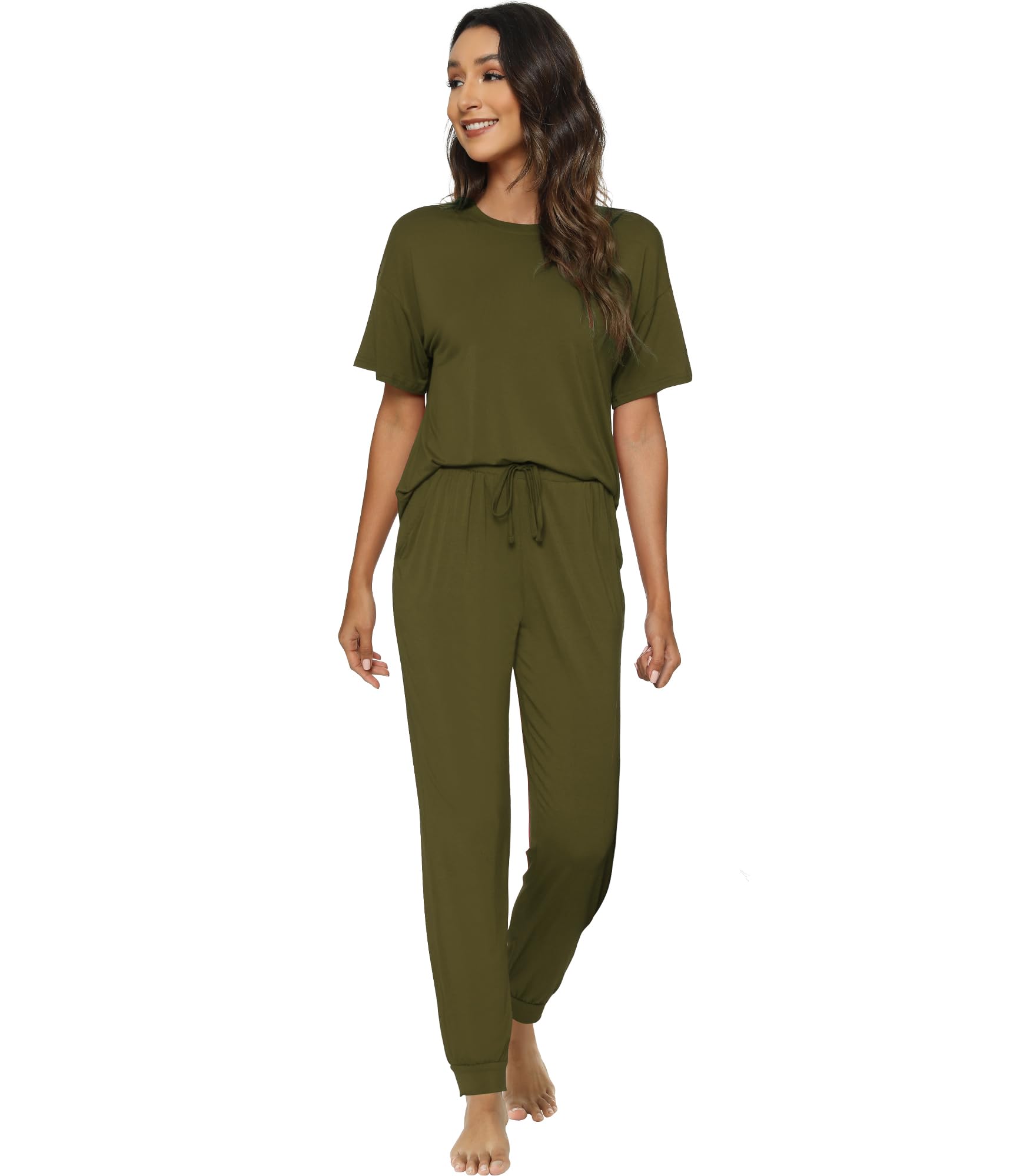 WiWi Viscose from Bamboo Pajamas Set for Women Short Sleeve Loungewear 2 Piece Outfit Long Pants Jogger Sets S-XXL, Dark Army Green, Medium