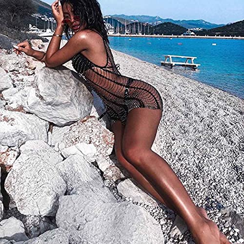 Aiosy Rhinestone Mesh Cover Up Skirt Fishnet Bikini Cover Up See Through Dress Skirts Crystal Rave Outfits Swimwear Party Women Body Accessories Black