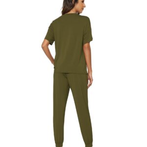 WiWi Viscose from Bamboo Pajamas Set for Women Short Sleeve Loungewear 2 Piece Outfit Long Pants Jogger Sets S-XXL, Dark Army Green, Medium