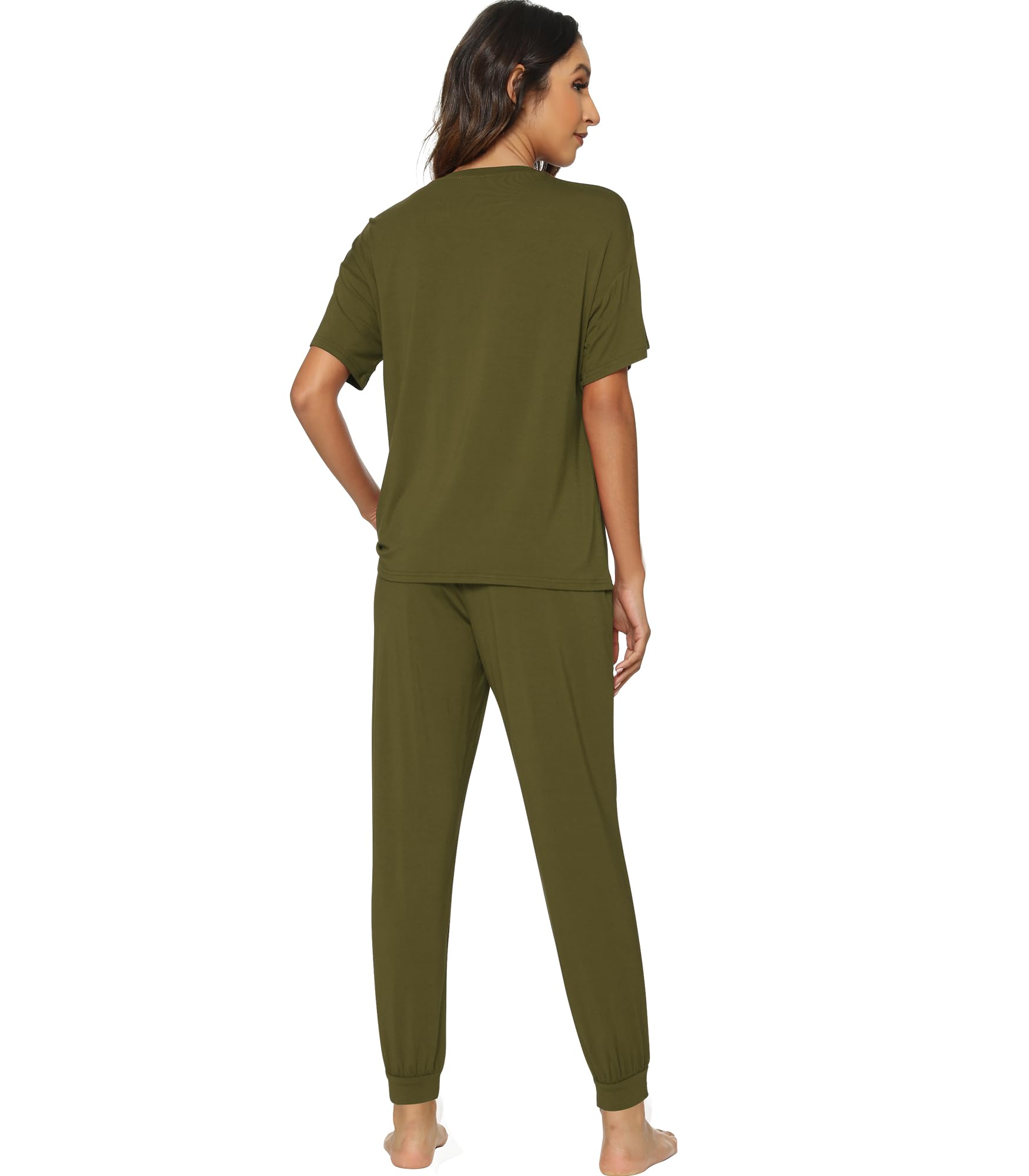 WiWi Viscose from Bamboo Pajamas Set for Women Short Sleeve Loungewear 2 Piece Outfit Long Pants Jogger Sets S-XXL, Dark Army Green, Medium