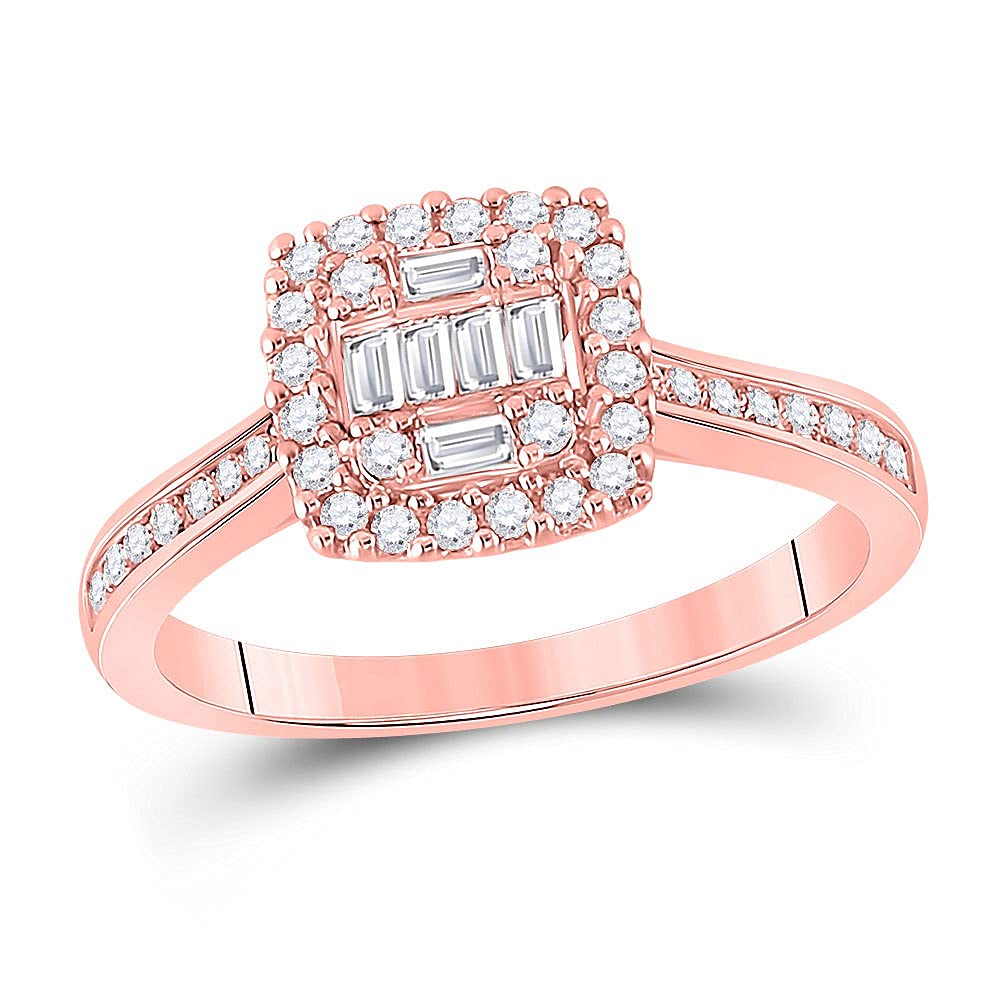 The Diamond Deal 14kt Rose Gold Baguette Diamond Halo Cluster Bridal Wedding Engagement Ring 1/2 Cttw