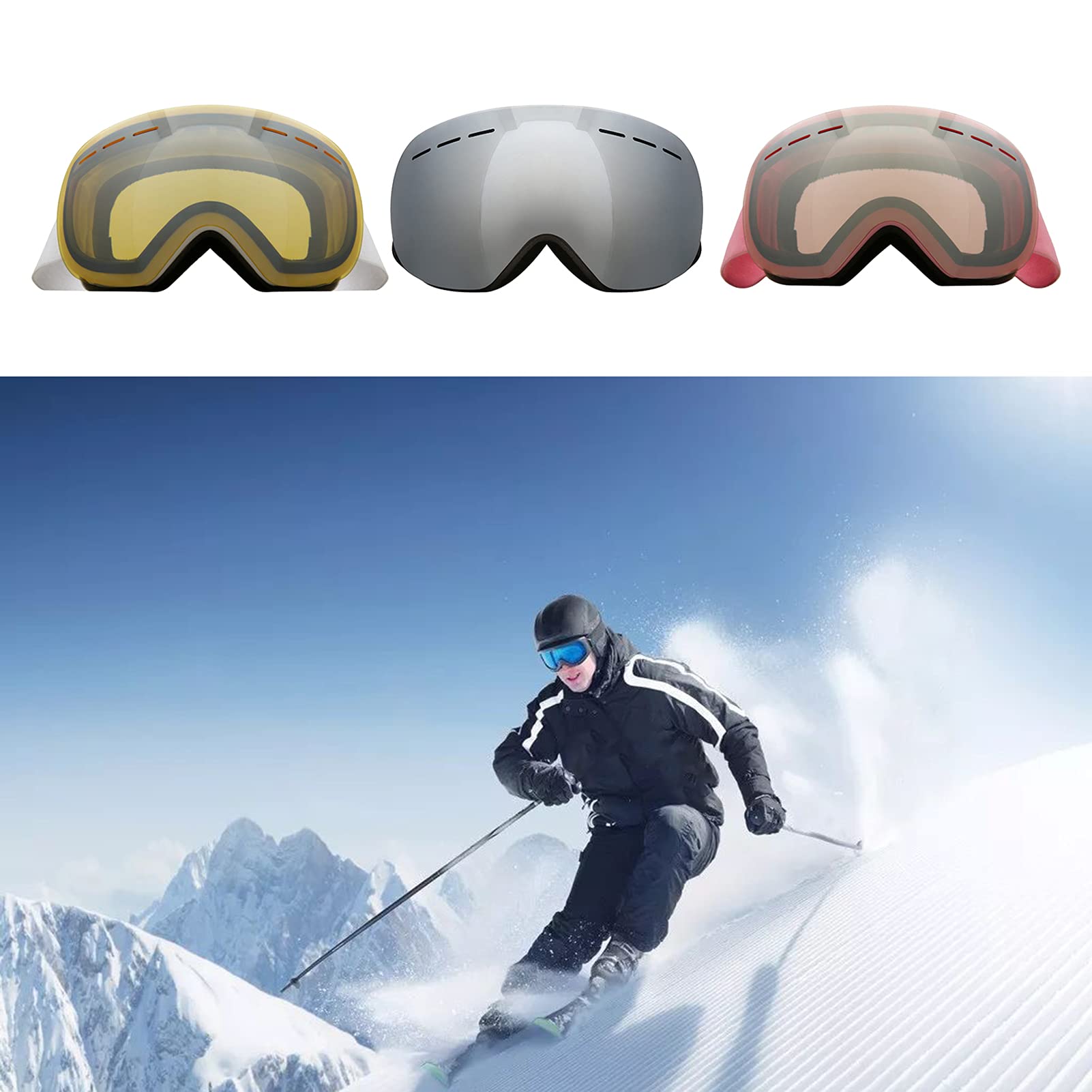 Meideli Adults Ski Goggles Snowboard Snow Goggles Double Layer Anti-Fog Winter Sports Glasses for Outdoor White Yellow