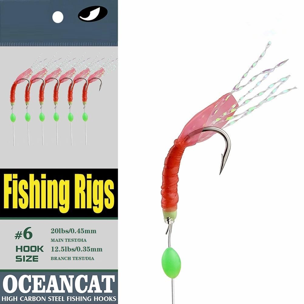 OCEAN CAT 6 Hooks/Set Fishing Rigs Red Rubber Rainbow Silk Fishing lure with Carbon Steel String Hooks Glow Beads Fishing Baits Tackle for Saltwater Freshwater Fishing (#10, 10 Packs)