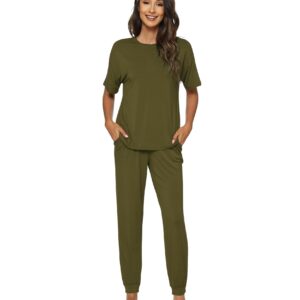 WiWi Viscose from Bamboo Pajamas Set for Women Short Sleeve Loungewear 2 Piece Outfit Long Pants Jogger Sets S-XXL, Dark Army Green, Medium