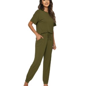 WiWi Viscose from Bamboo Pajamas Set for Women Short Sleeve Loungewear 2 Piece Outfit Long Pants Jogger Sets S-XXL, Dark Army Green, Medium