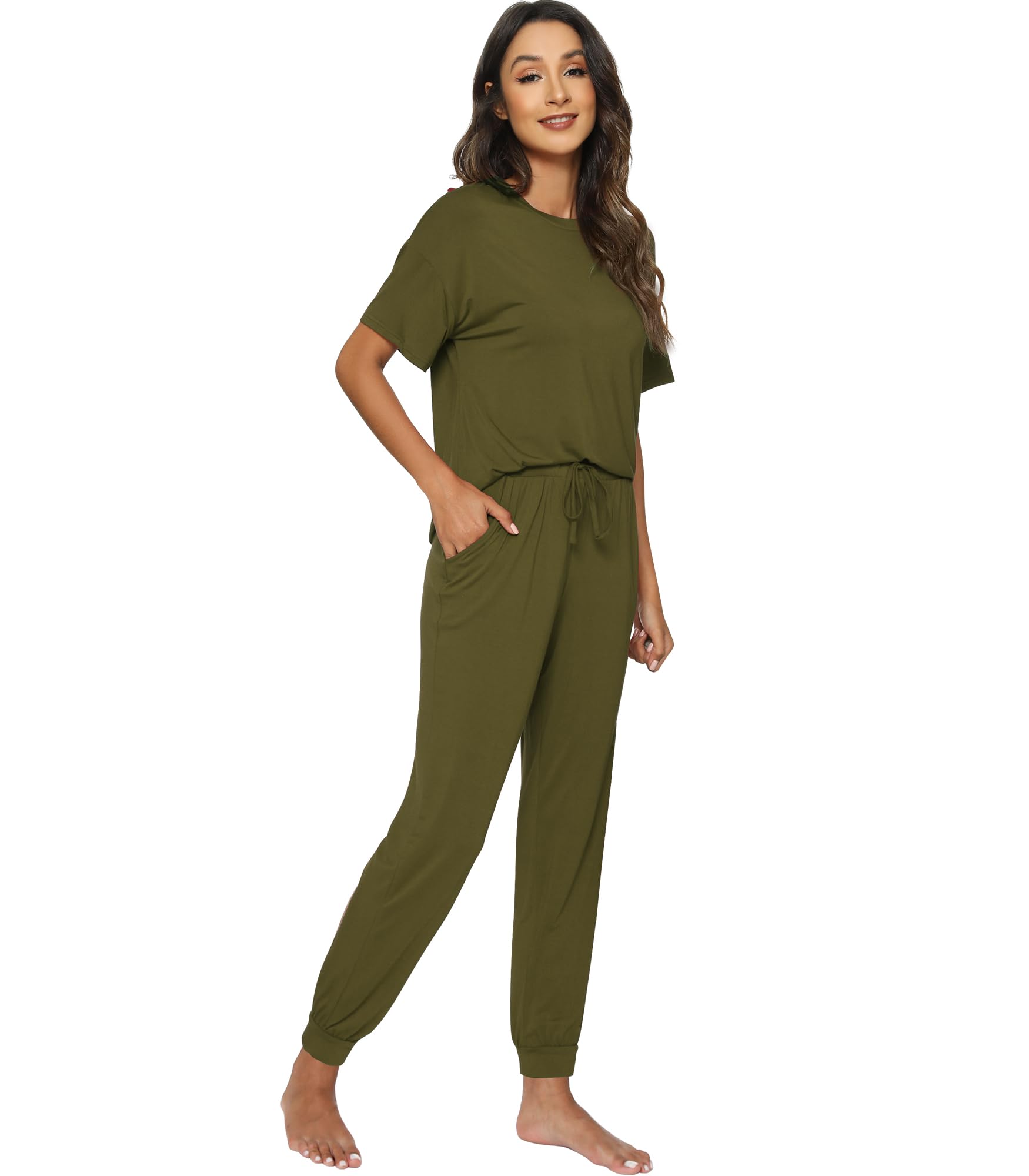 WiWi Viscose from Bamboo Pajamas Set for Women Short Sleeve Loungewear 2 Piece Outfit Long Pants Jogger Sets S-XXL, Dark Army Green, Medium