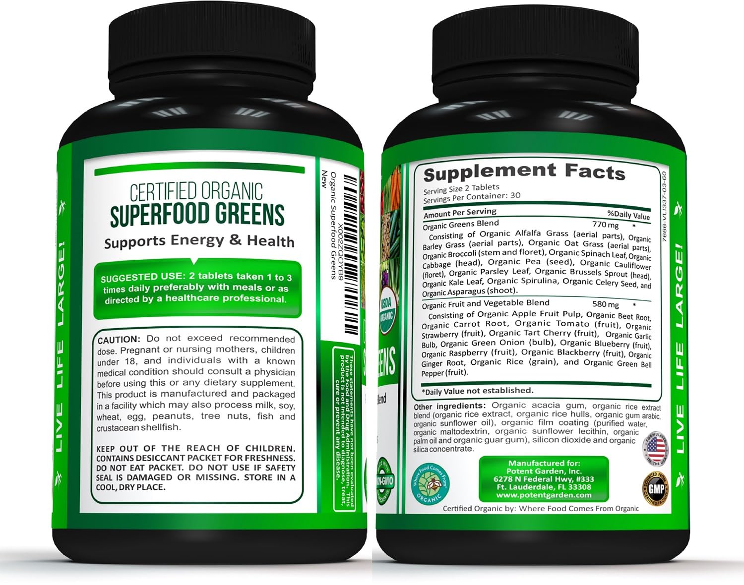 Potent Garden Organic Superfood Greens, Fruit and Veggies Supplement Rich in Vitamins & Antioxidants with Alfalfa, Beet Root & Tart Cherry to Boost Energy, Immunity & Gut Health, Greens Tablets 60 Ct