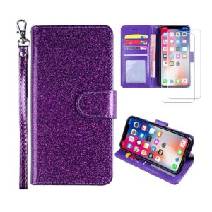 fzzszs case for tecno spark 7 pro (6.6") + 2 pack screen protector film tempered glass, magnetic pu wallet flip protective cover with card slots shell case, purple leather case