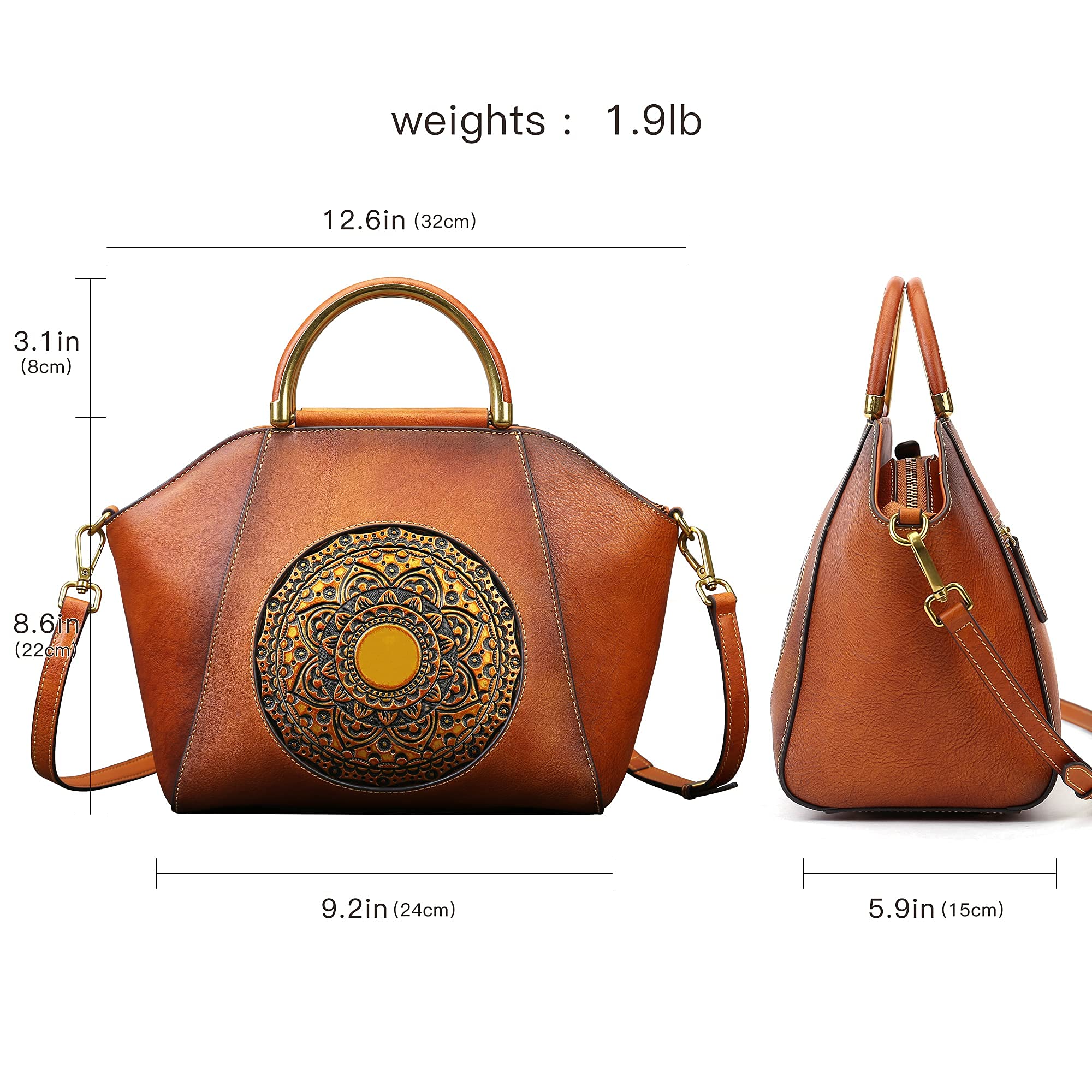 Zhuoliang Italian Retro Leather Handbags Vintage Embossing Totem Satchel + Handmade Mandala Totem Purse