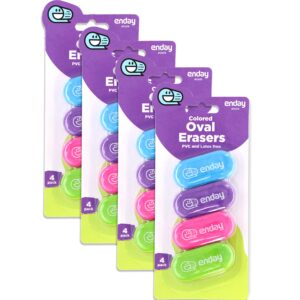 erasers pencil, oval hi polymer large soft eraser, rubber and non – abrasive eraser, drawing school supplies for kids erasers in pink, purple, blue, green 4 packs of 4 erasers (16 pc) – by enday