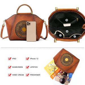 Zhuoliang Italian Retro Leather Handbags Vintage Embossing Totem Satchel + Handmade Mandala Totem Purse