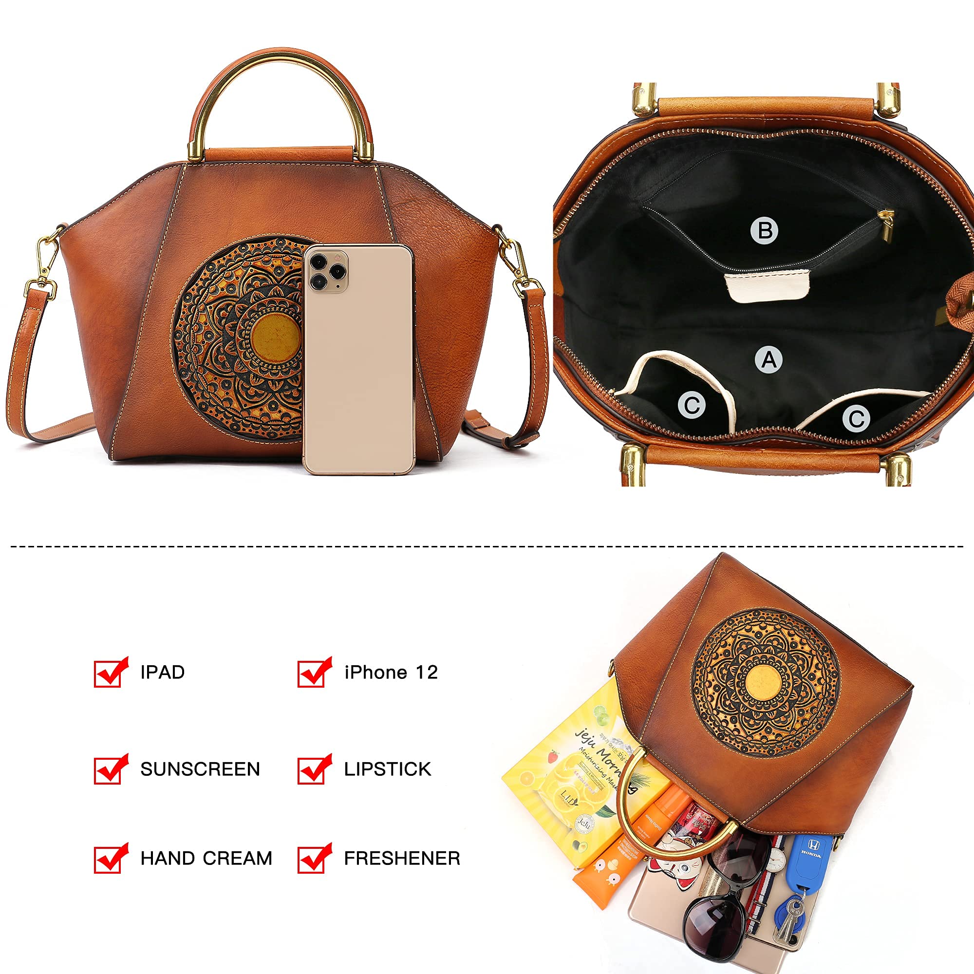 Zhuoliang Italian Retro Leather Handbags Vintage Embossing Totem Satchel + Handmade Mandala Totem Purse