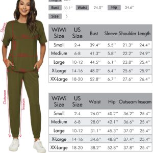 WiWi Viscose from Bamboo Pajamas Set for Women Short Sleeve Loungewear 2 Piece Outfit Long Pants Jogger Sets S-XXL, Dark Army Green, Medium