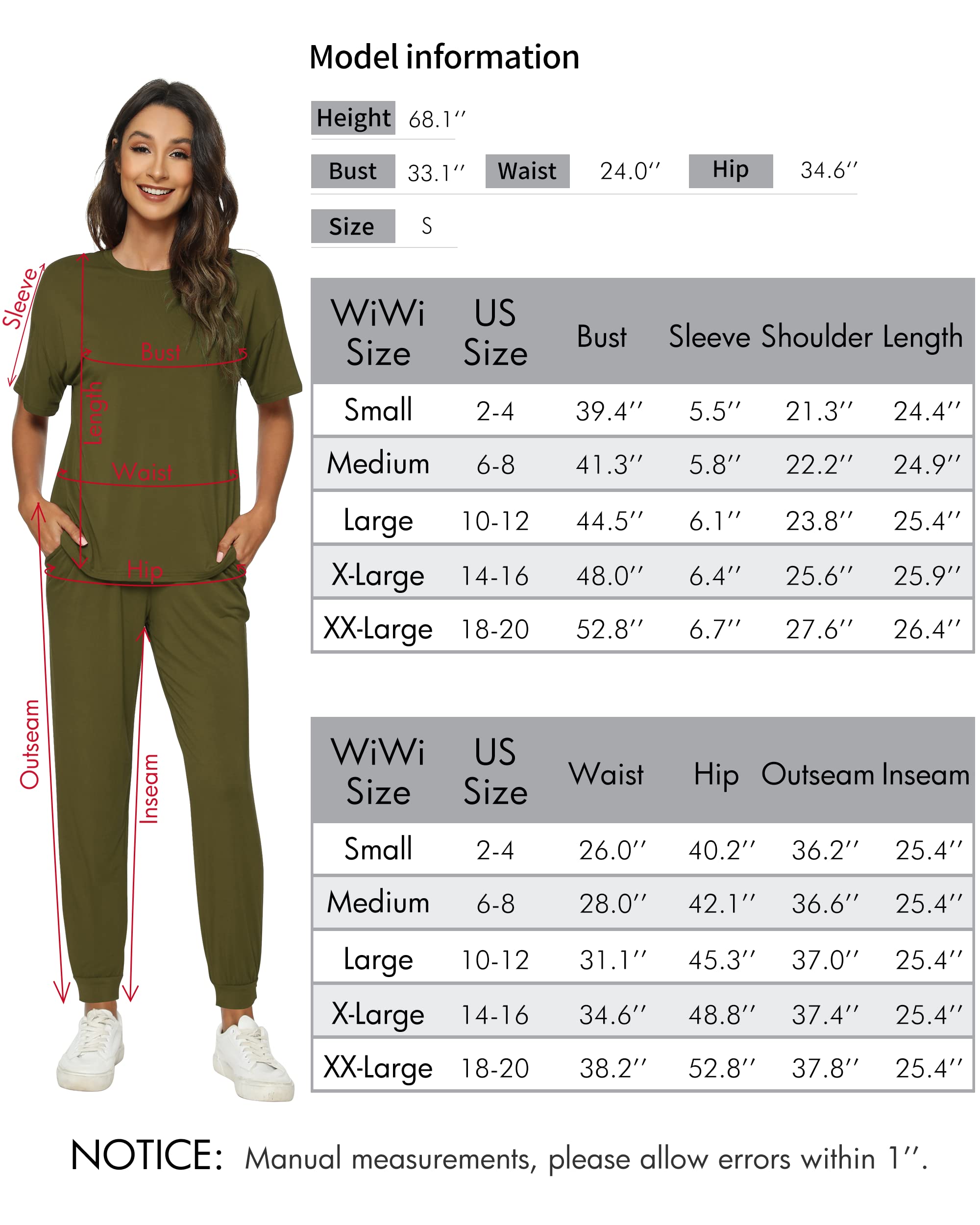 WiWi Viscose from Bamboo Pajamas Set for Women Short Sleeve Loungewear 2 Piece Outfit Long Pants Jogger Sets S-XXL, Dark Army Green, Medium