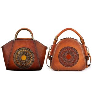 zhuoliang italian retro leather handbags vintage embossing totem satchel + handmade mandala totem purse