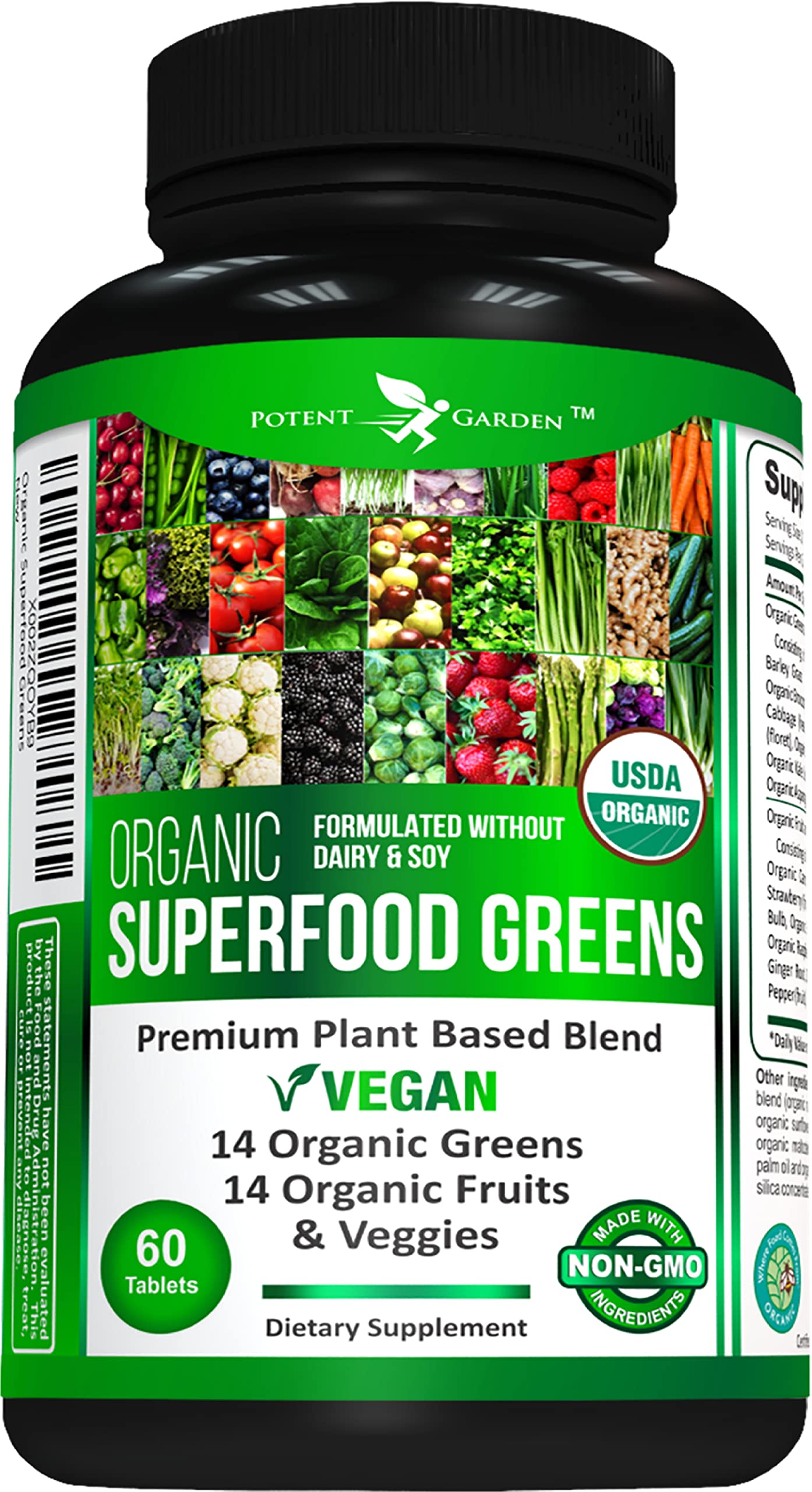 Potent Garden Organic Superfood Greens, Fruit and Veggies Supplement Rich in Vitamins & Antioxidants with Alfalfa, Beet Root & Tart Cherry to Boost Energy, Immunity & Gut Health, Greens Tablets 60 Ct