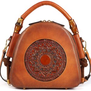 Zhuoliang Italian Retro Leather Handbags Vintage Embossing Totem Satchel + Handmade Mandala Totem Purse