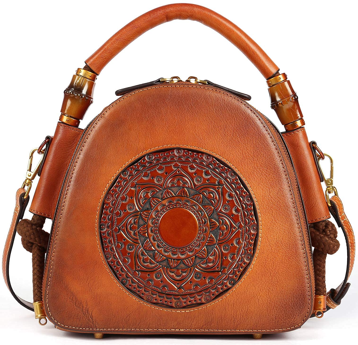 Zhuoliang Italian Retro Leather Handbags Vintage Embossing Totem Satchel + Handmade Mandala Totem Purse