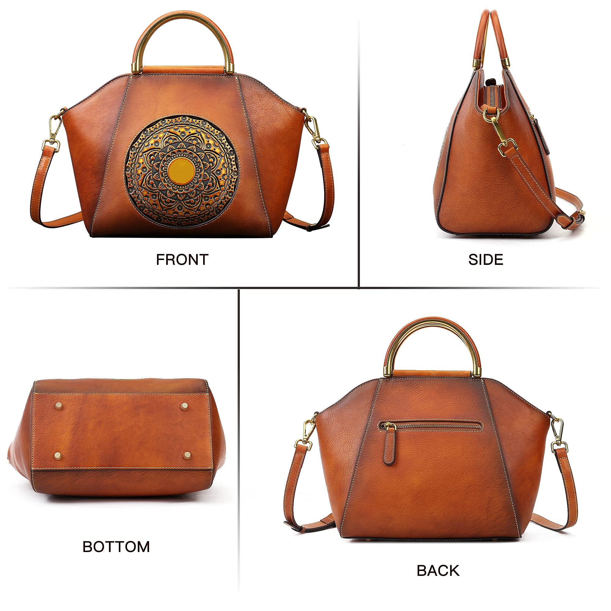 Zhuoliang Italian Retro Leather Handbags Vintage Embossing Totem Satchel + Handmade Mandala Totem Purse