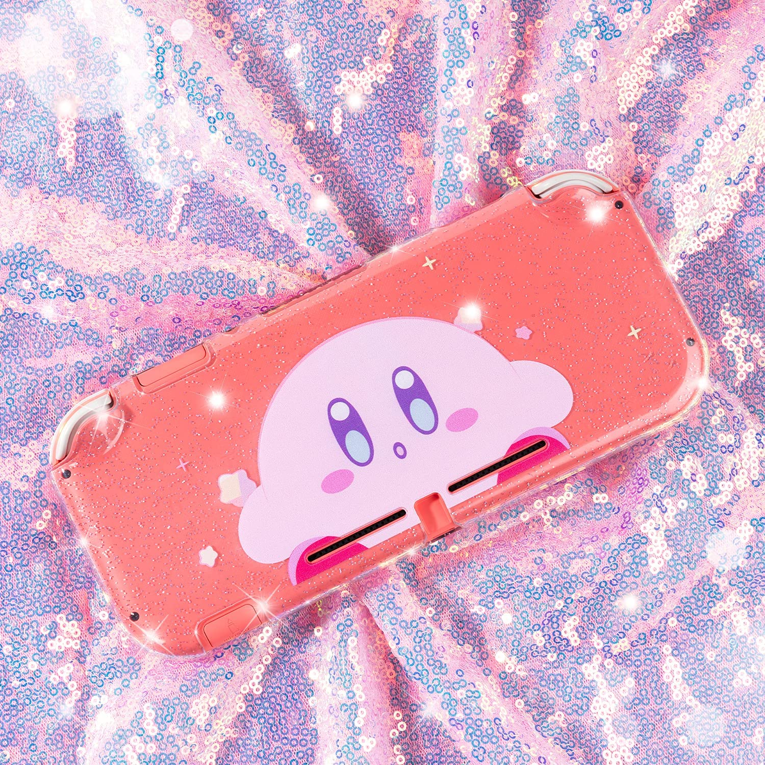 BelugaDesign Pink Puff Ball Switch Case | Glitter Anime Video Game Smash Star Allies Land Japanese Pastel Cover | Soft Snap-On Shell Compatible with Nintendo Switch Lite (Switch Lite, Clear Pink)