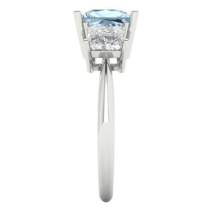 Clara Pucci 2.97ct Princess cut Custom Engraving 3 Stone Solitaire W/Accent Real Aquamarine Statement Art Deco Ring 14k White Gold SZ 8